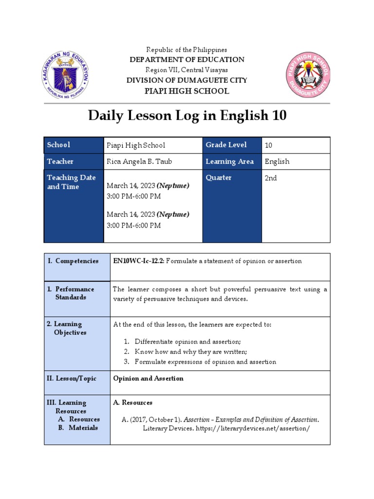 English 10 Lesson Plan 2 Opinions and Assertions Taub Rica Angela B ...