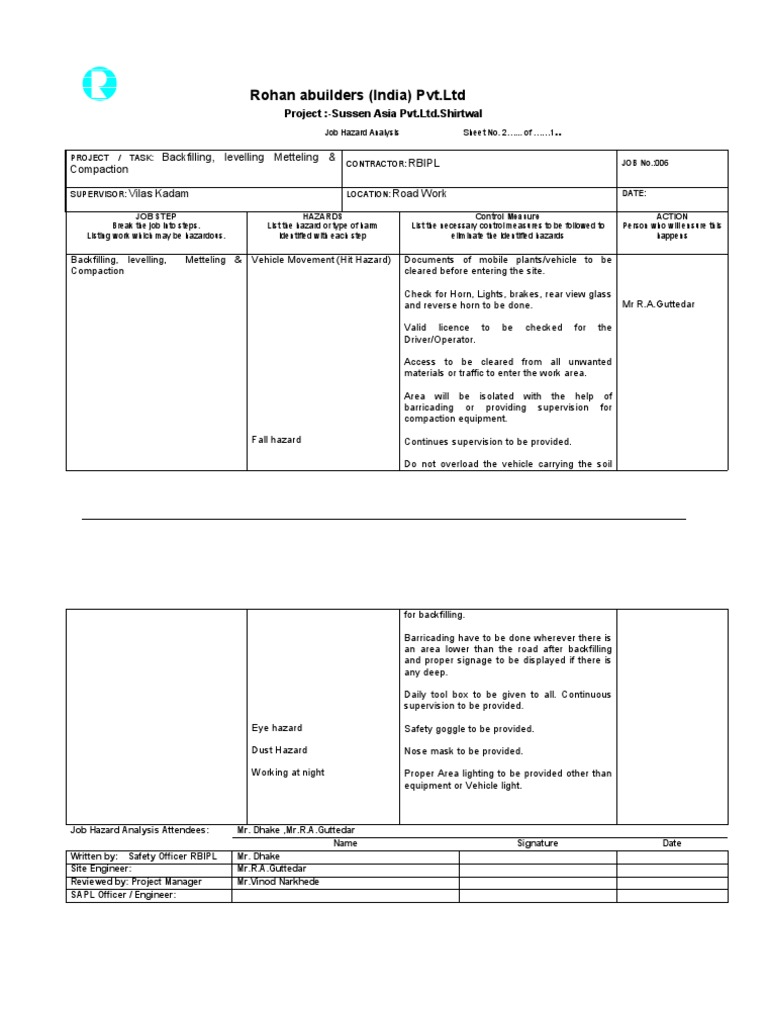 JSA - Backfilling, Levelling Metteling & Compaction | PDF | Transport | Safety