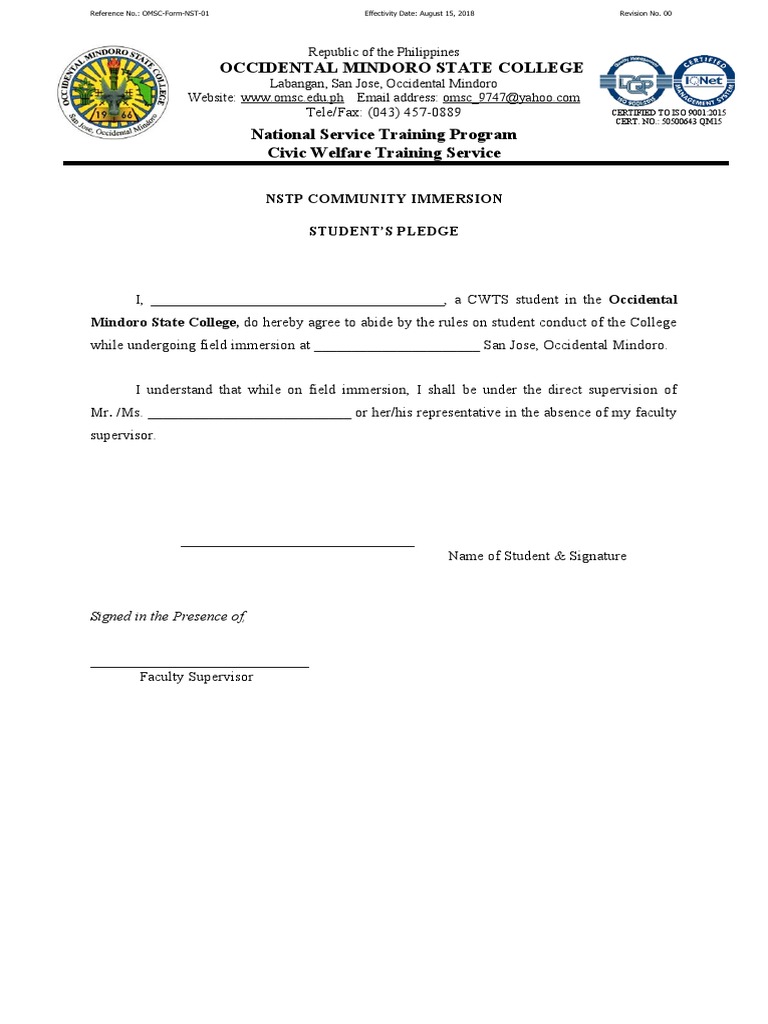 OMSC Form NST 01 Students Pledge | PDF | Business