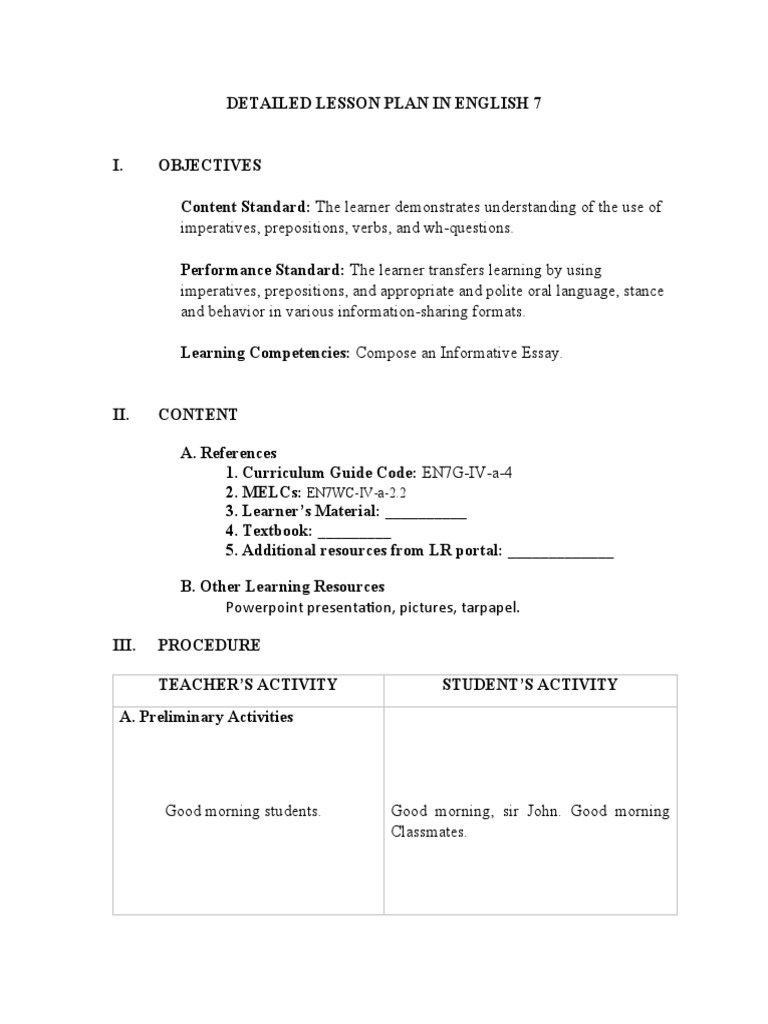 English 7 Lesson Plan: Imperatives & Prepositions | PDF | Preposition ...
