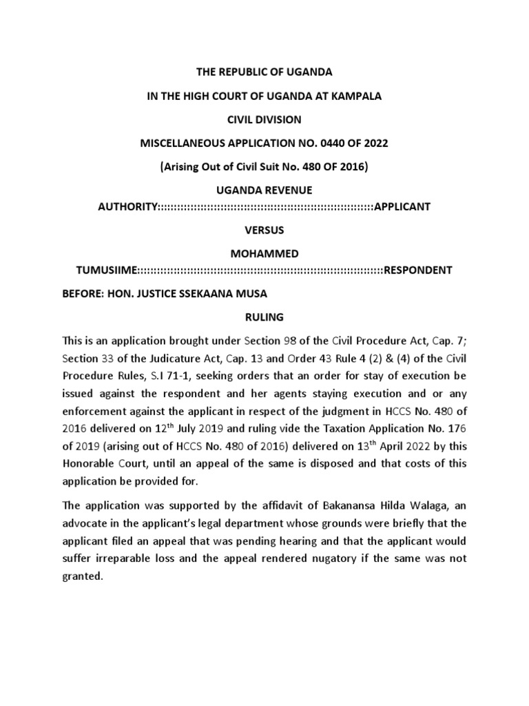 Twesigye vs Tumusiime: Stay Denied | PDF | Judgment (Law) | Lawsuit
