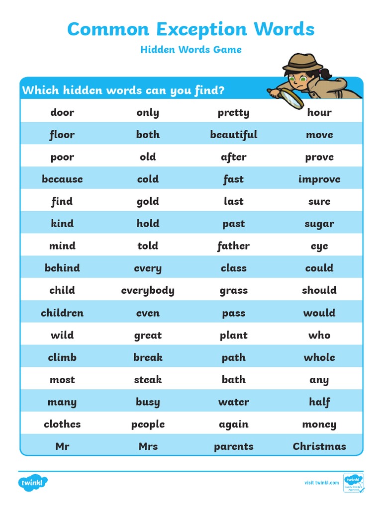 Year 2 Common Exception Words Hidden Words Game | PDF