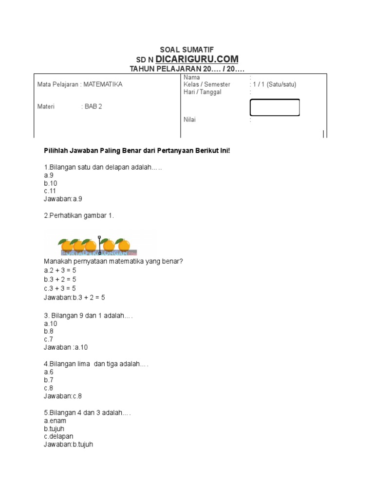 Soal Sumatif MTK KLS 1 Bab 2 (Dicariguru - Com) 1 | PDF