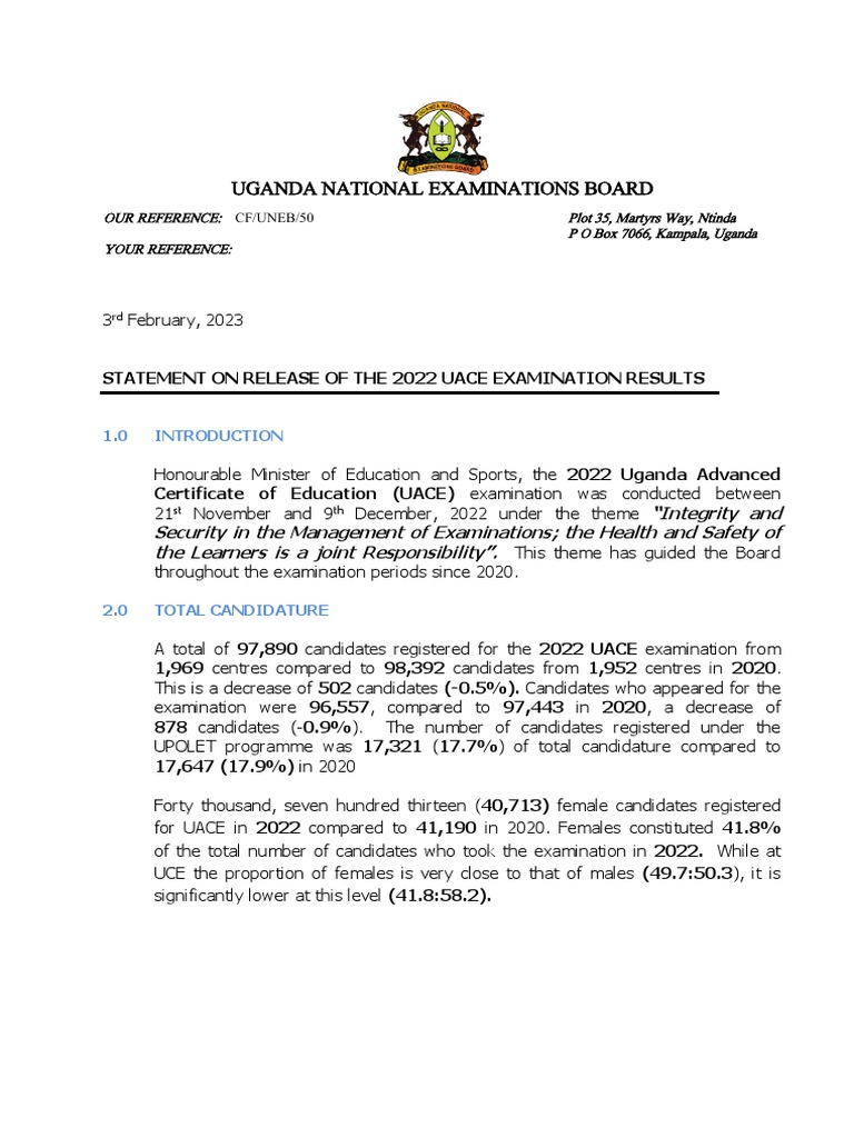 2022 Uace Statement of Release of Results | PDF | Science | Physics