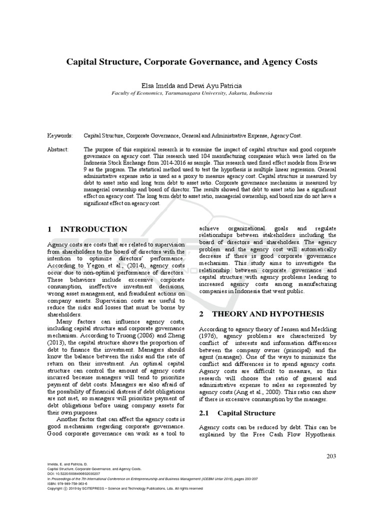 Capital Structure, Corporate Governance, and Agency Costs: Elsa Imelda and Dewi Ayu Patricia ...