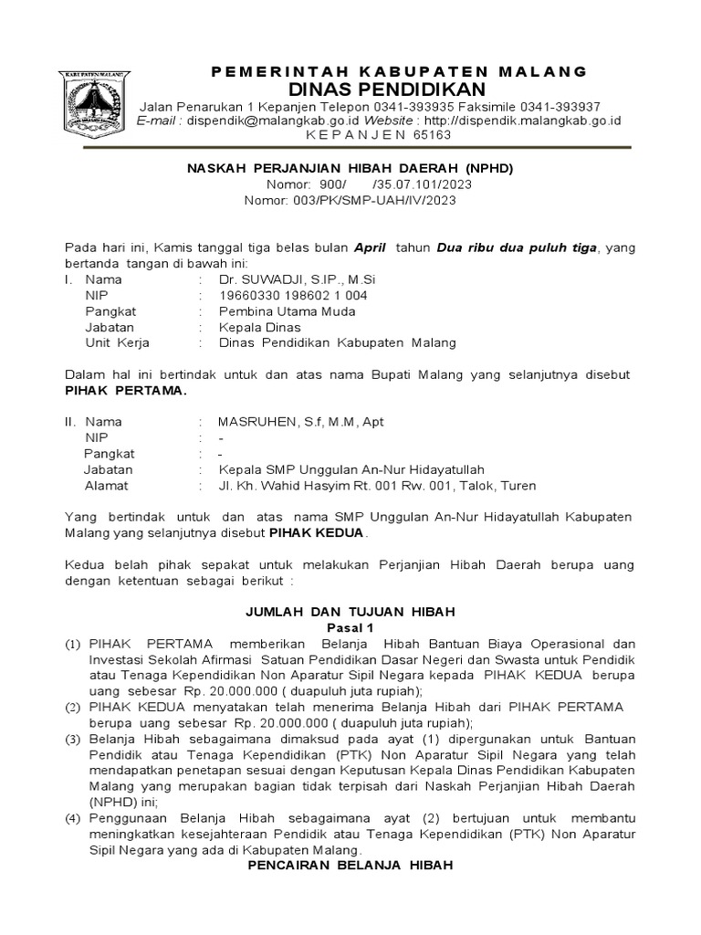 Berkas 2 - NPHD - HIBAH - PTK - NON - ASN - 2023 | PDF