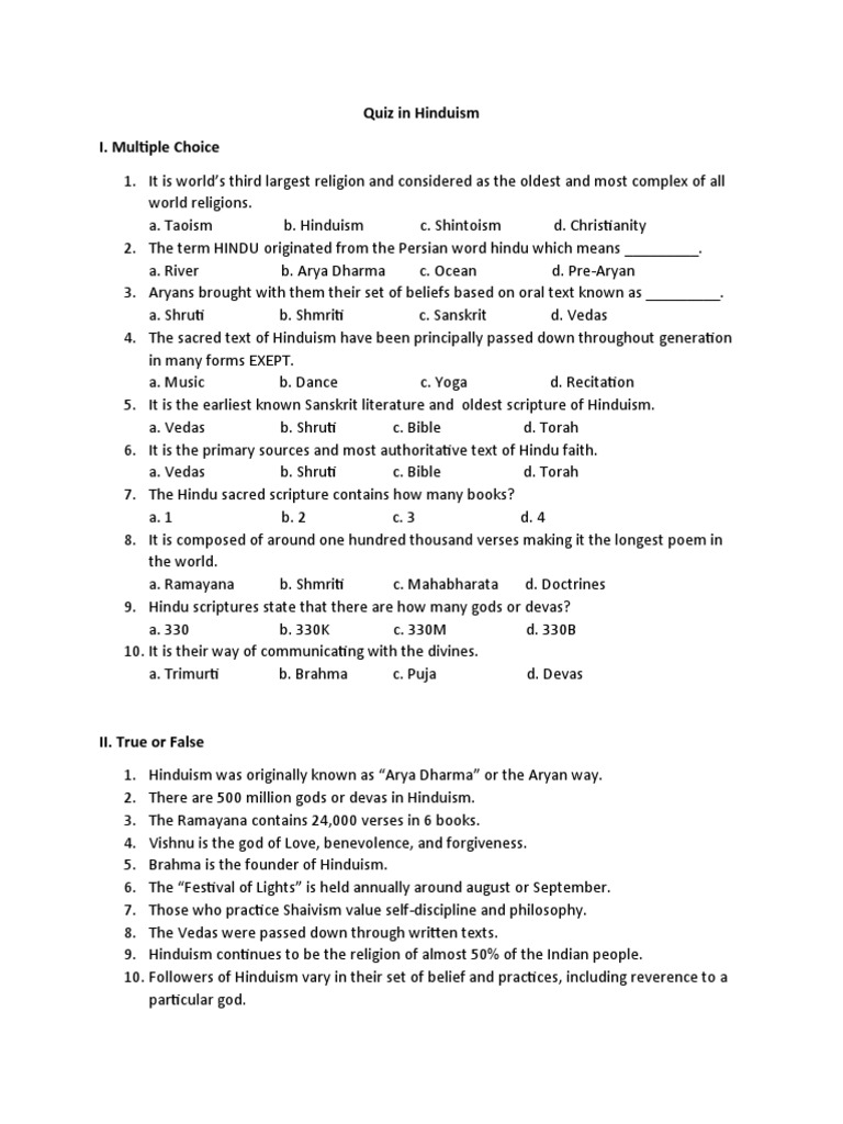 Quiz in Hinduism (Grade 11 HUMSS) | PDF | Religious Faiths | Indian ...