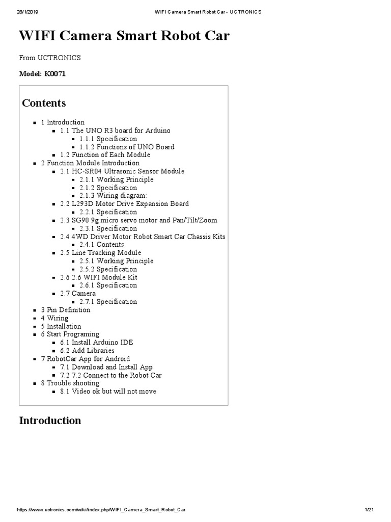 Wifi Camera Smart Robot Car Uctronics Pdf Arduino Ultrasound
