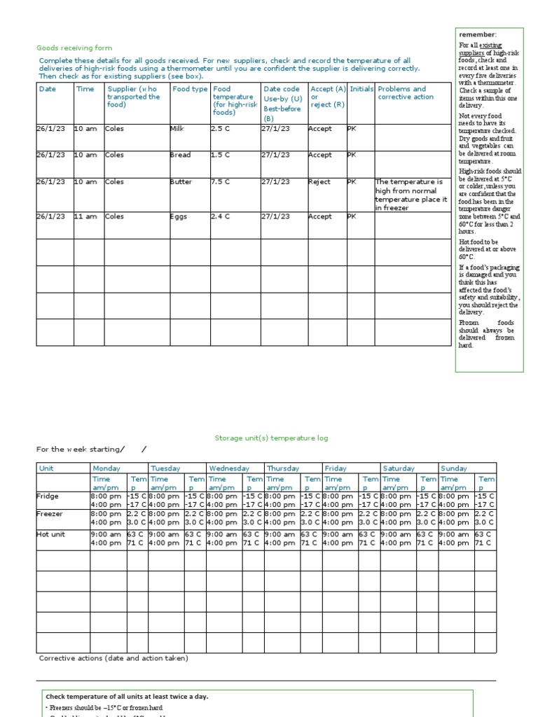 Goods receiving and storage temperature log | PDF | Thermometer | Cooking