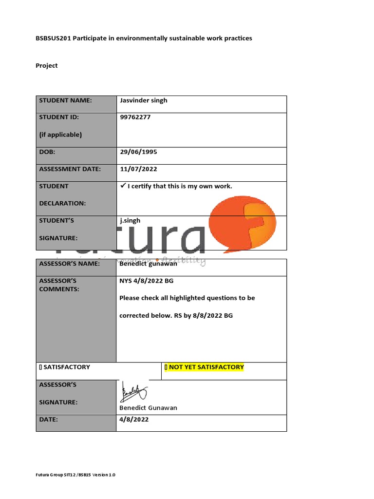 2nd Resubmission 9976227 - Jasvinder Singh - BSBSUS201 - Part B Practical - NYSv1 | PDF