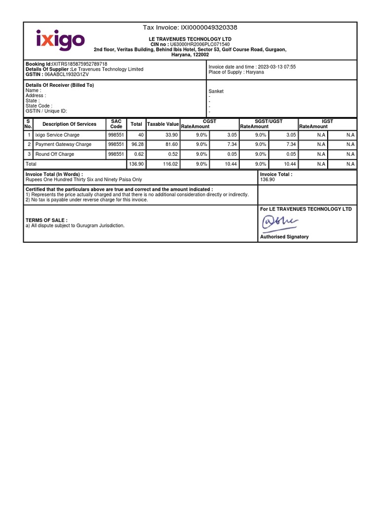 IXIGO GST Invoice from Le Travenues | PDF | Invoice | Government Finances