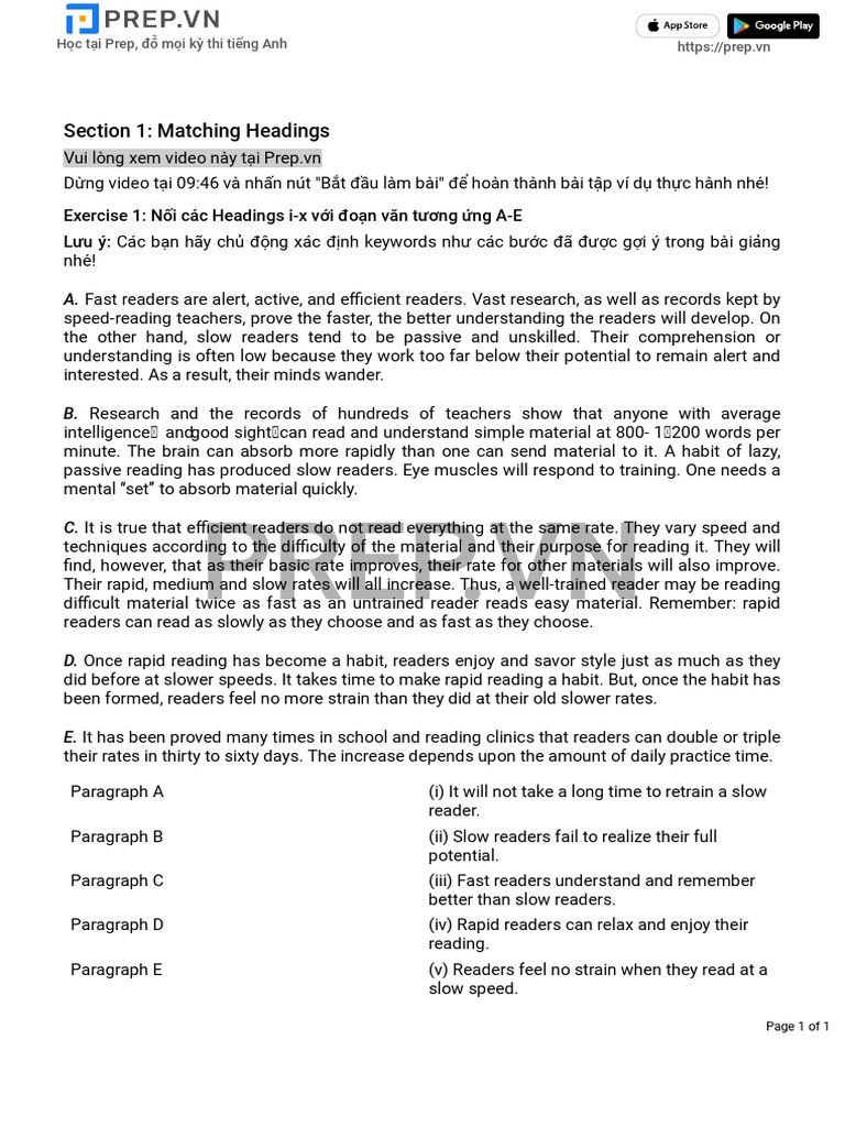 Matching Heading Prep | PDF | Speed Reading | Cognition