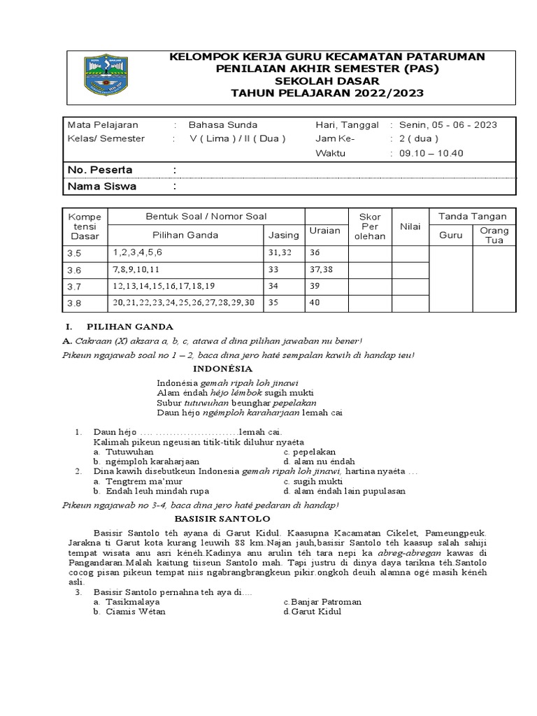 PAT B.SUNDA Kls V TH 2023 Sem 2, A | PDF