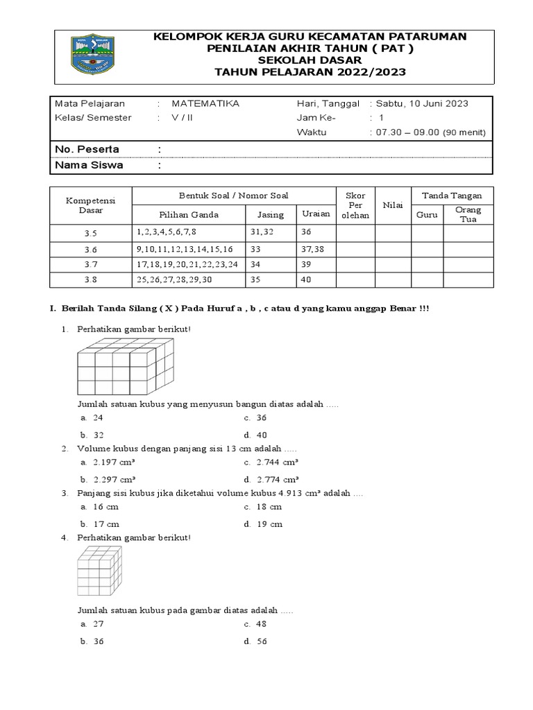 Soal Pat MTK KLS 5 2022-2023 | PDF