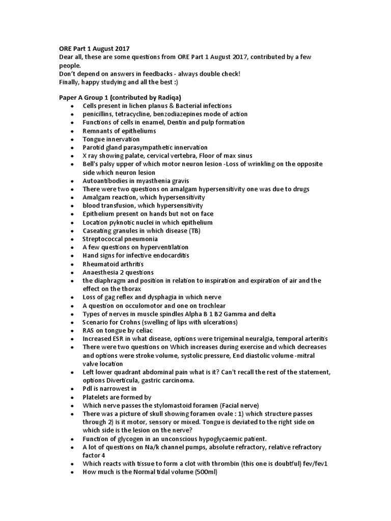 ORE Part 1 August 2017 | PDF | Medical Specialties | Health Sciences