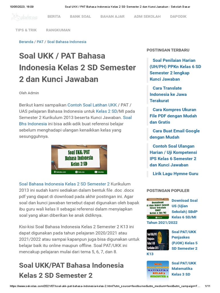 Soal UKK - PAT Bahasa Indonesia Kelas 2 SD Semester 2 Dan Kunci Jawaban - Sekolah Dasar PDF | PDF