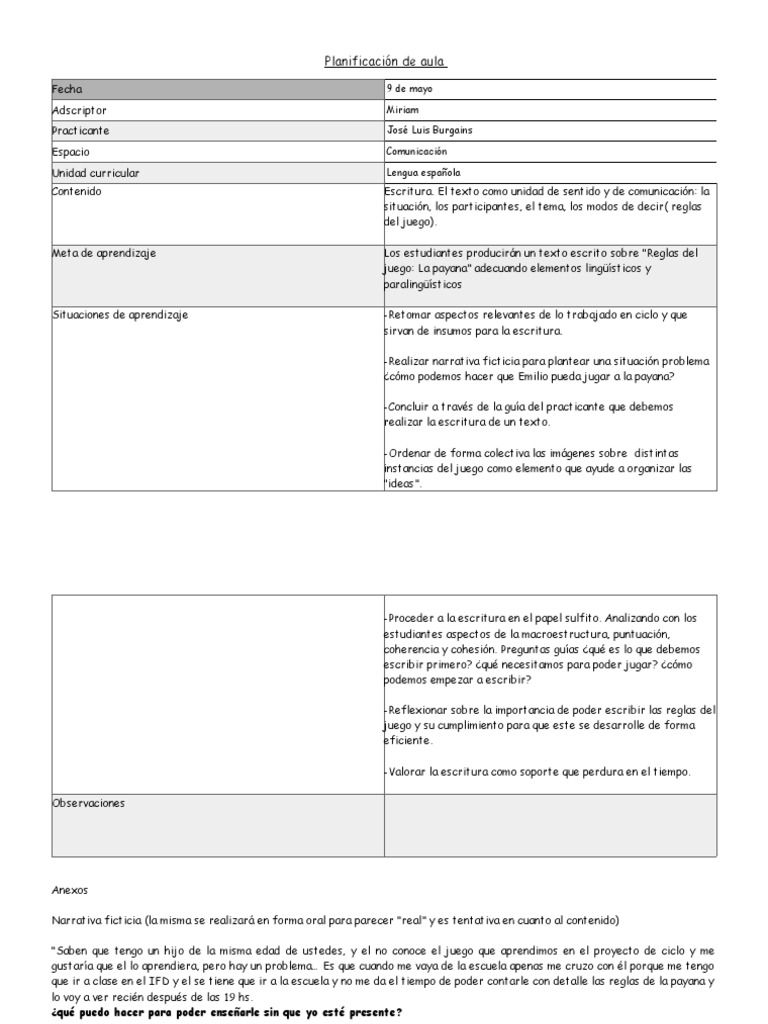 Planificacion Reglas de La Payana | PDF | Escritura | Comunicación