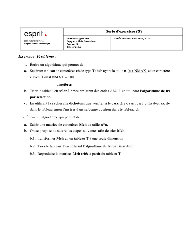 Exercices sur les algorithmes de tri | PDF