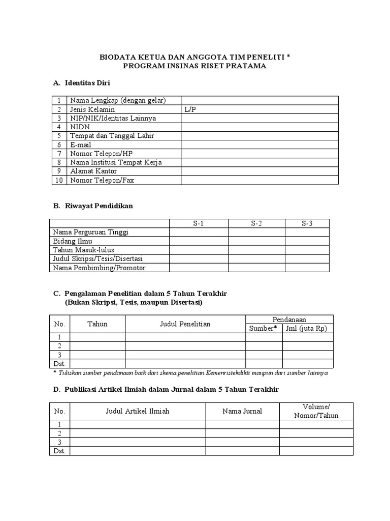 Format Biodata Biodata Ketua Dan Anggota Tim Peneliti Proposal Program ...