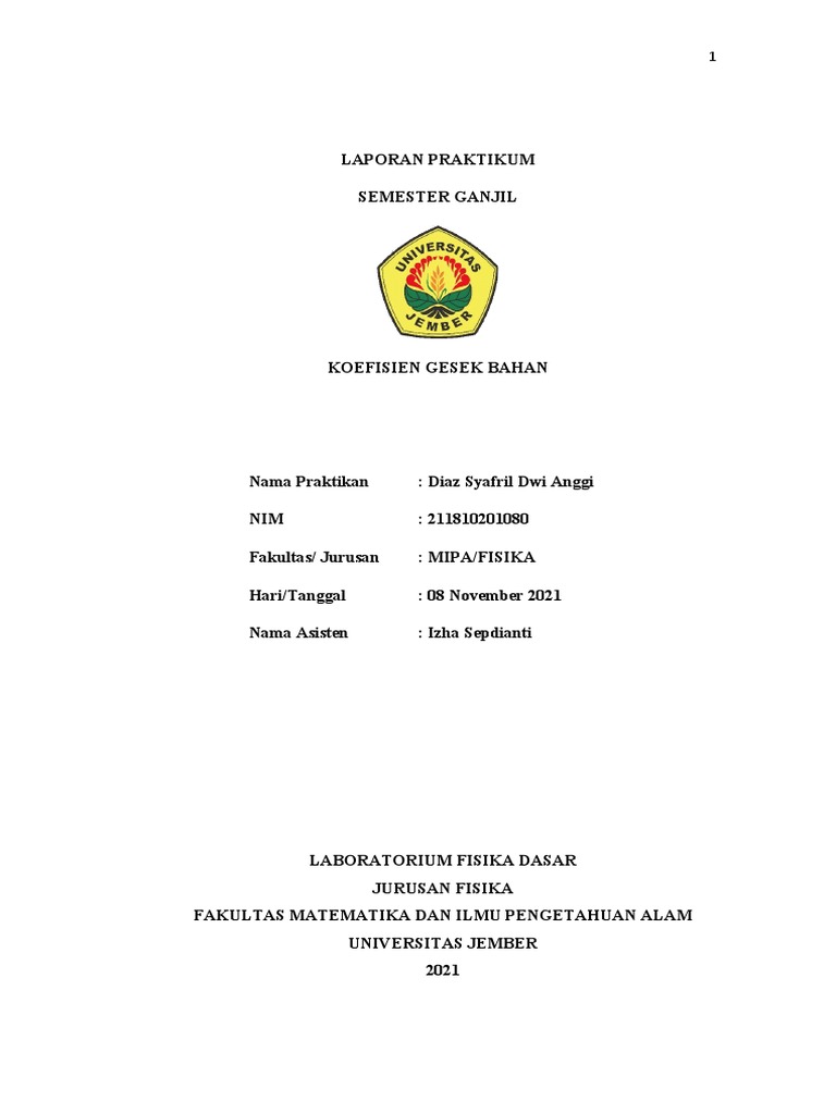 DIAZ SYAFRIL DWI ANGGI - 211810201080 - Laporan Koefisien Gesek Bahan ...