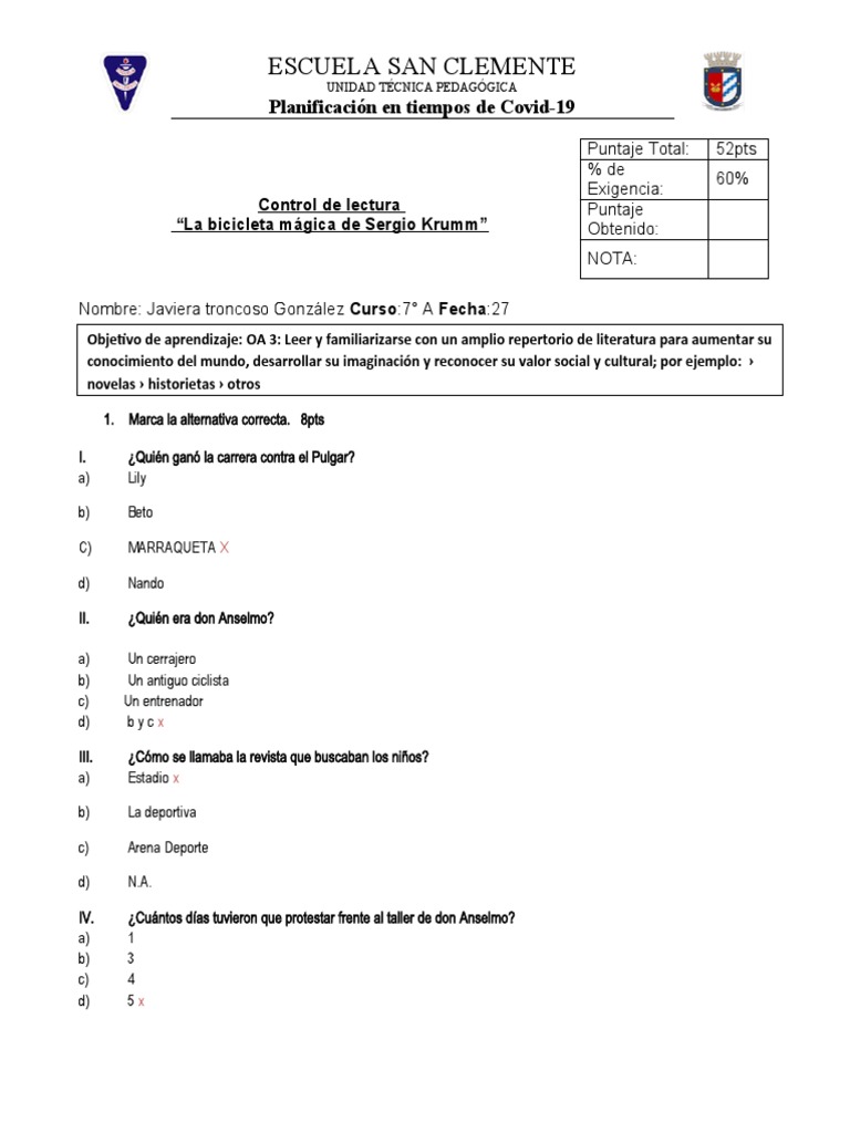 Prueba 7°A La Bicicleta Mágica | PDF