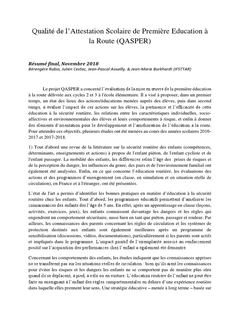 Esr-Resume Etude Qasper 2018 | PDF | Sécurité routière | Pédagogie