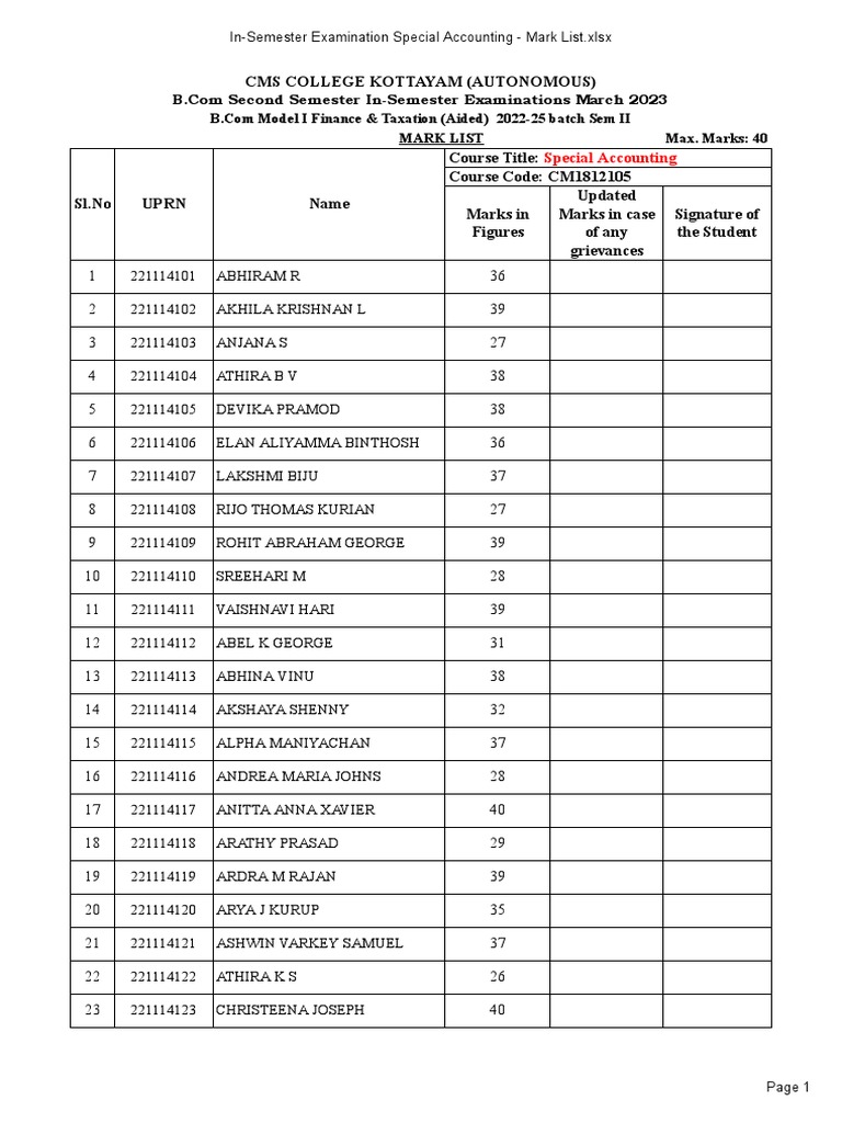 In-Semester Examination Special Accounting - Mark List PDF | PDF