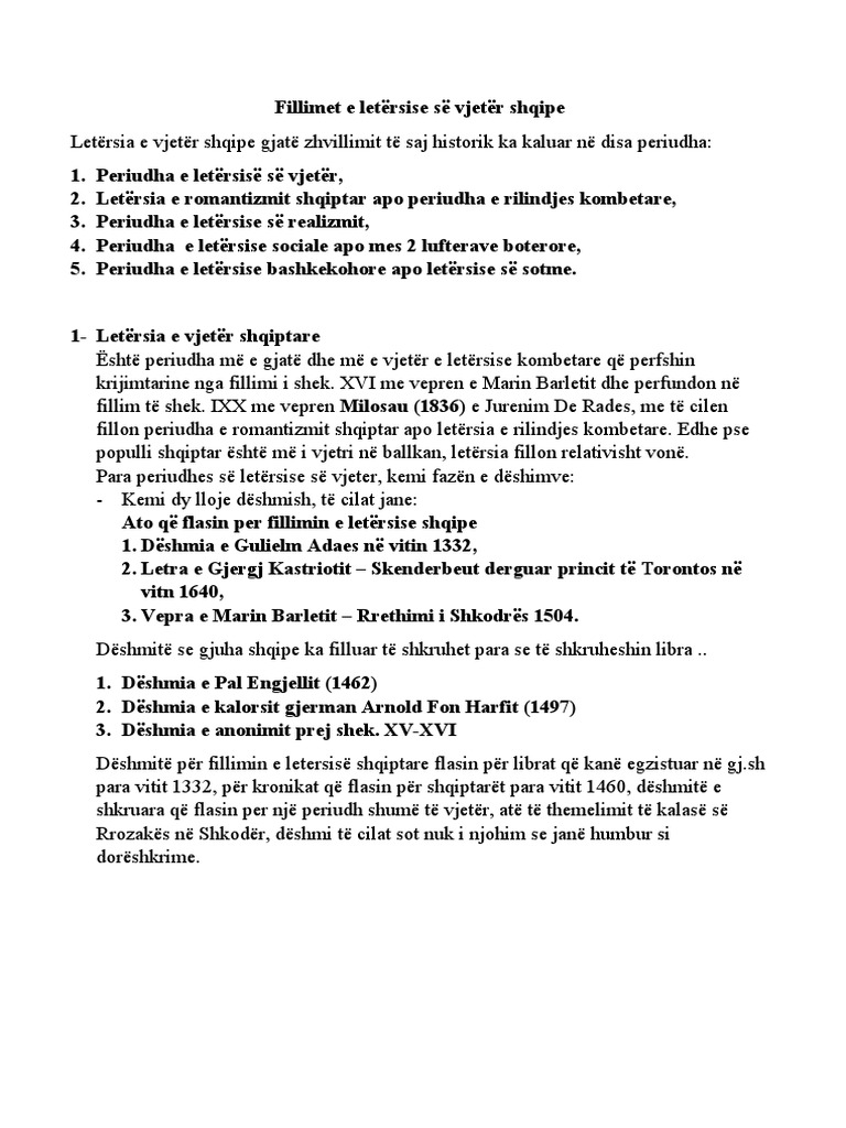 Fillimet e Letërsise Së Vjetër Shqipe | PDF