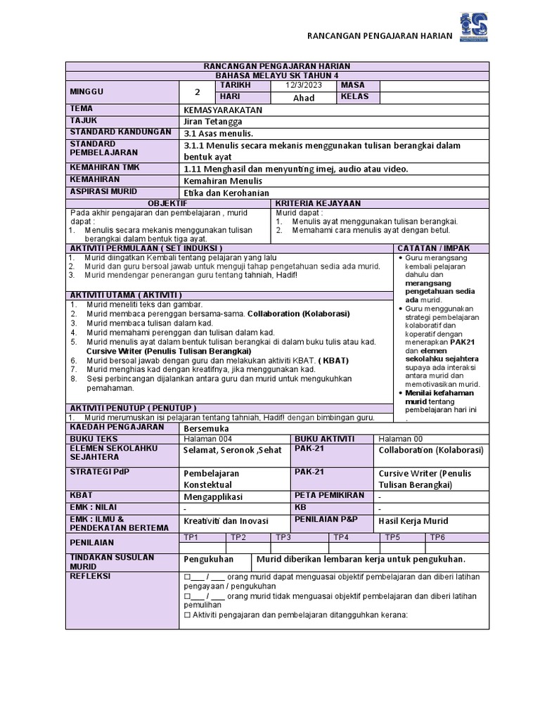 RPH Minggu 2 BM SK THN 4 2023 by Cikgu Gorgeous | PDF