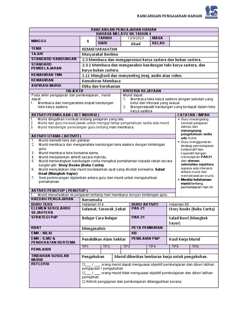 RPH Minggu 4 BM SK THN 4 2023 by Cikgu Gorgeous | PDF