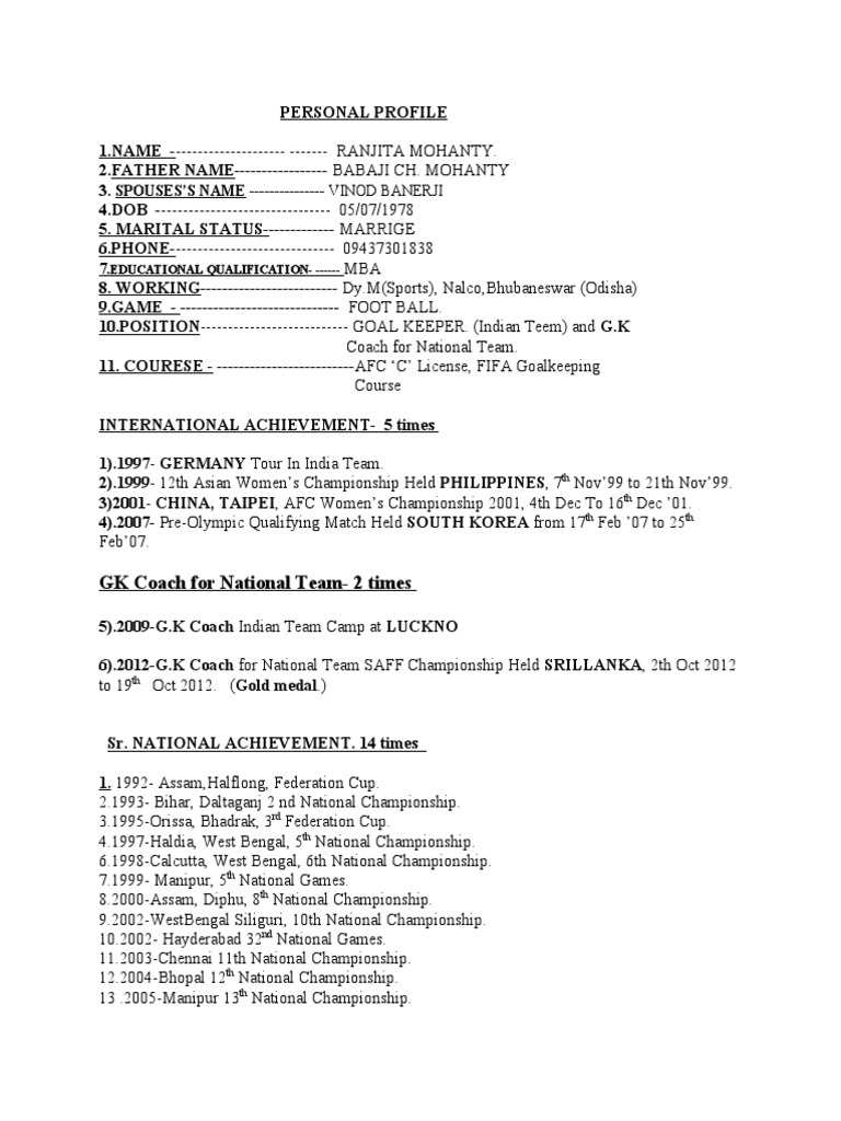 Ranjita Mohanty Football Player PERSONAL PROFILE | PDF