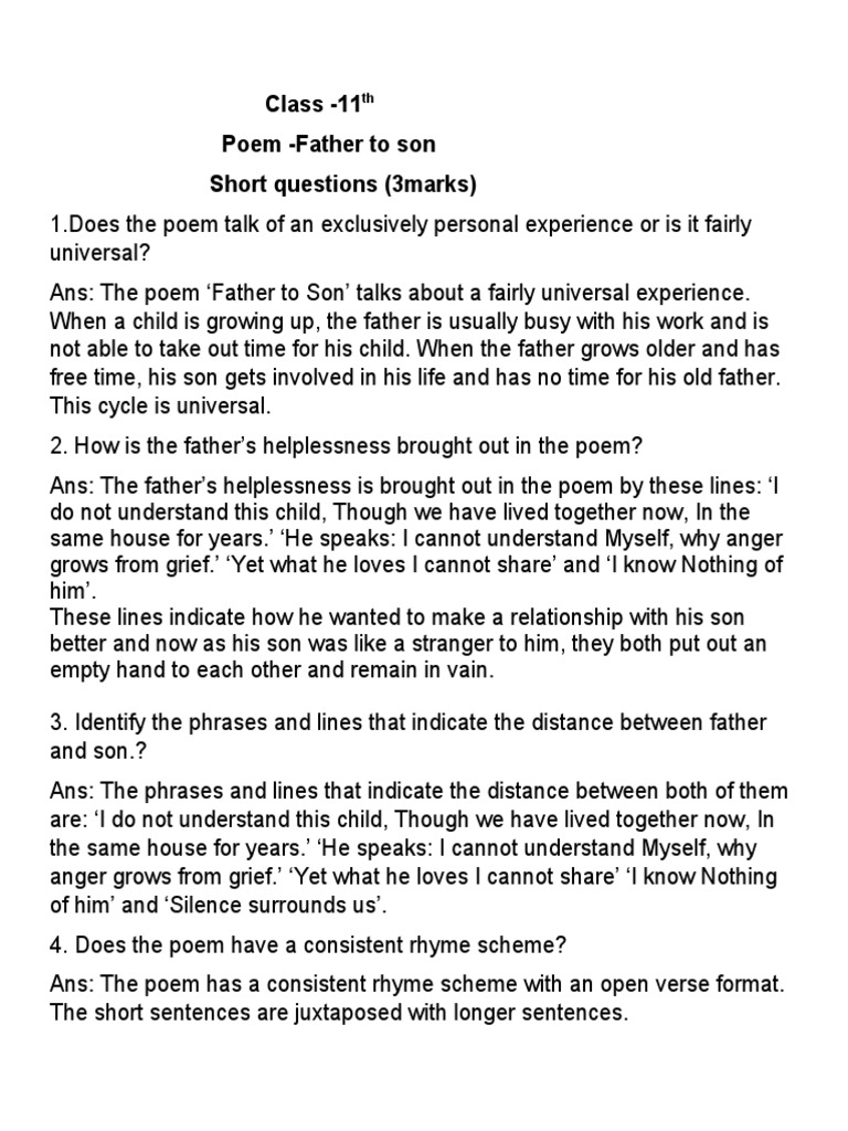 Father to Son: Class 11 Q&A Guide | PDF | Poetry | Experience