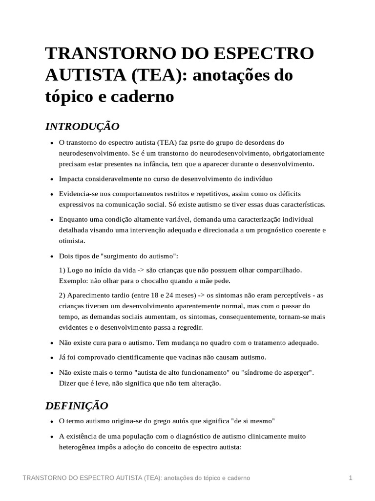 TRANSTORNO DO ESPECTRO AUTISTA (TEA) Anotaes Do Tpico e Caderno | PDF | Espectro do autismo ...