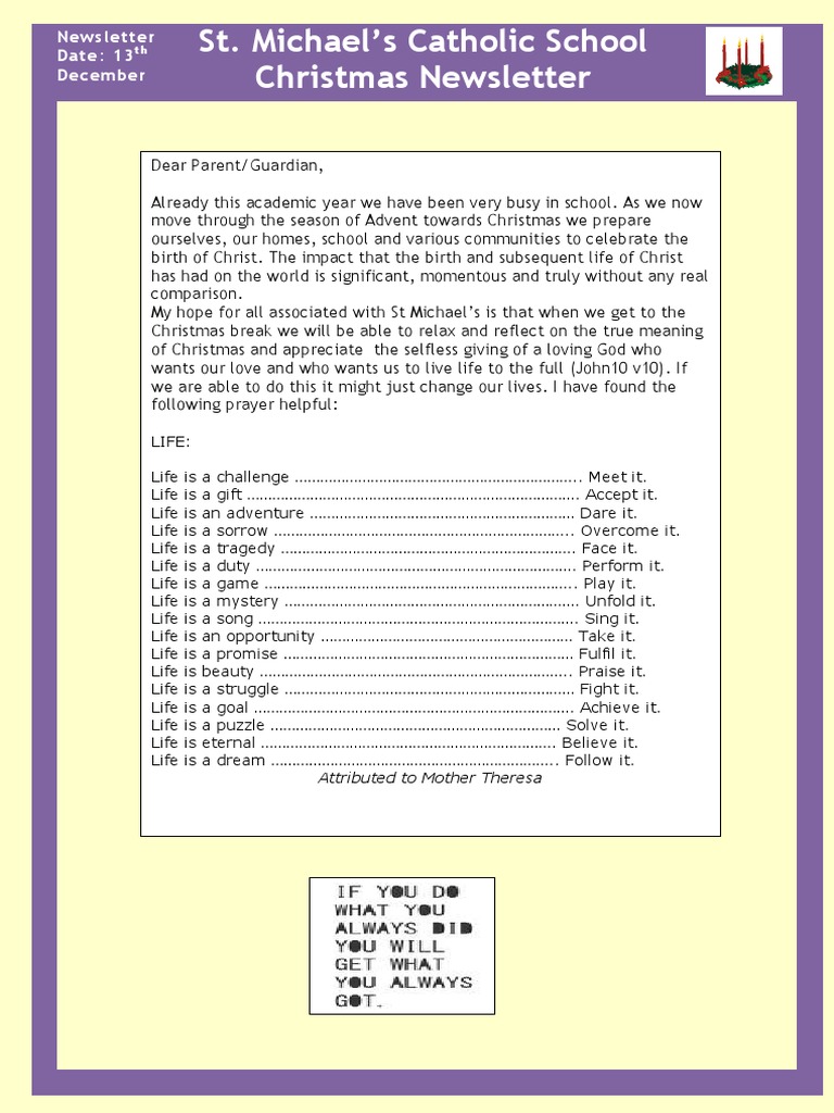 St. Michael S Catholic School Christmas Newsletter | PDF | Schools ...