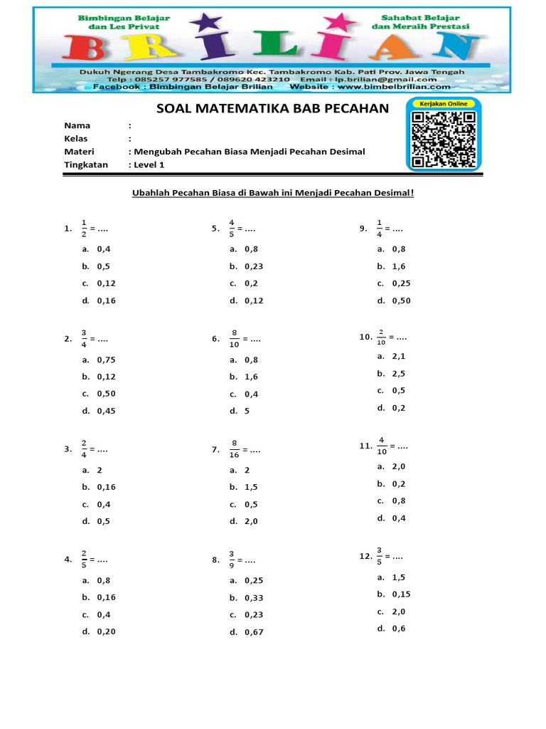 Soal Mengubah Pecahan Biasa Menjadi Desimal Level 1 | PDF