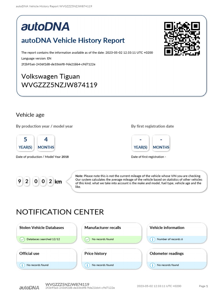Report autoDNA WVGZZZ5NZJW874119 PDF | PDF | Qr Code | Patent