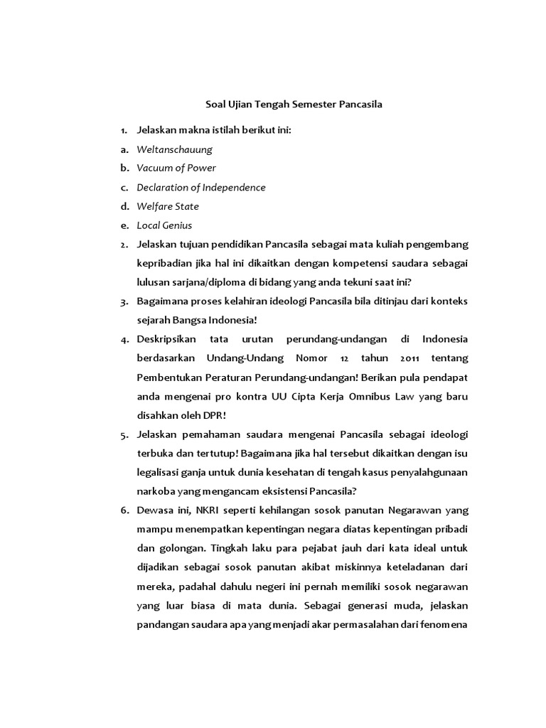 Soal UTS Pancasila 2020 Fix | PDF