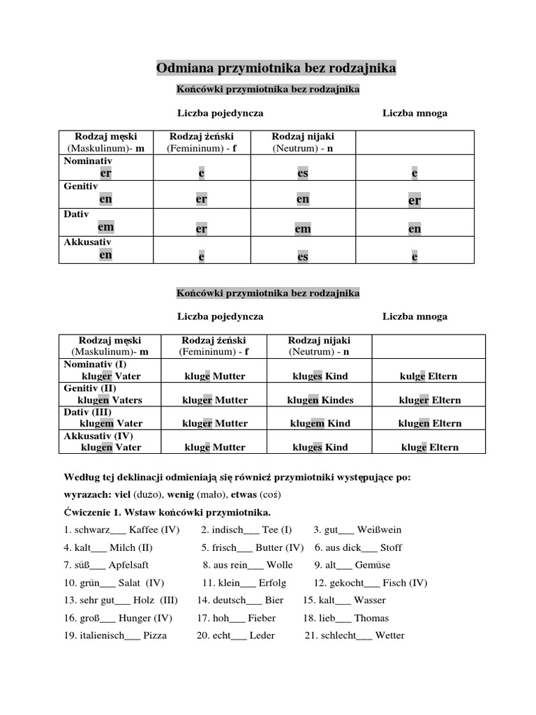 Odmiana przymiotnika bez rodzajnika | PDF