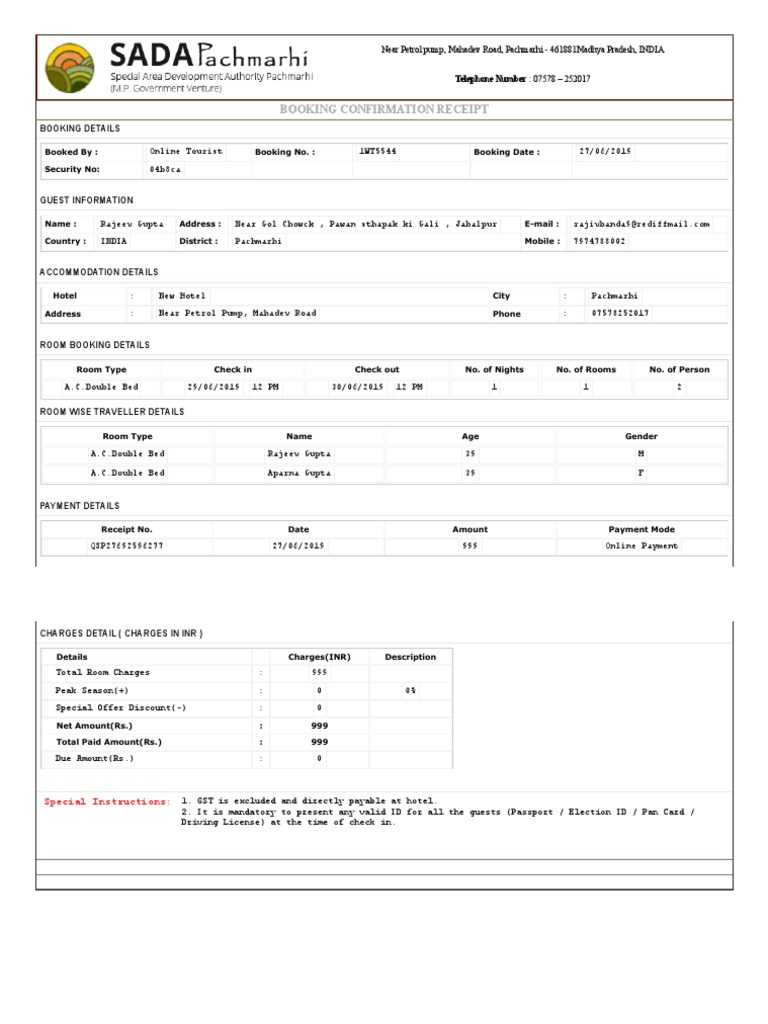 Booking Confirmation Slip SADA PDF | PDF | Payments | Service Industries