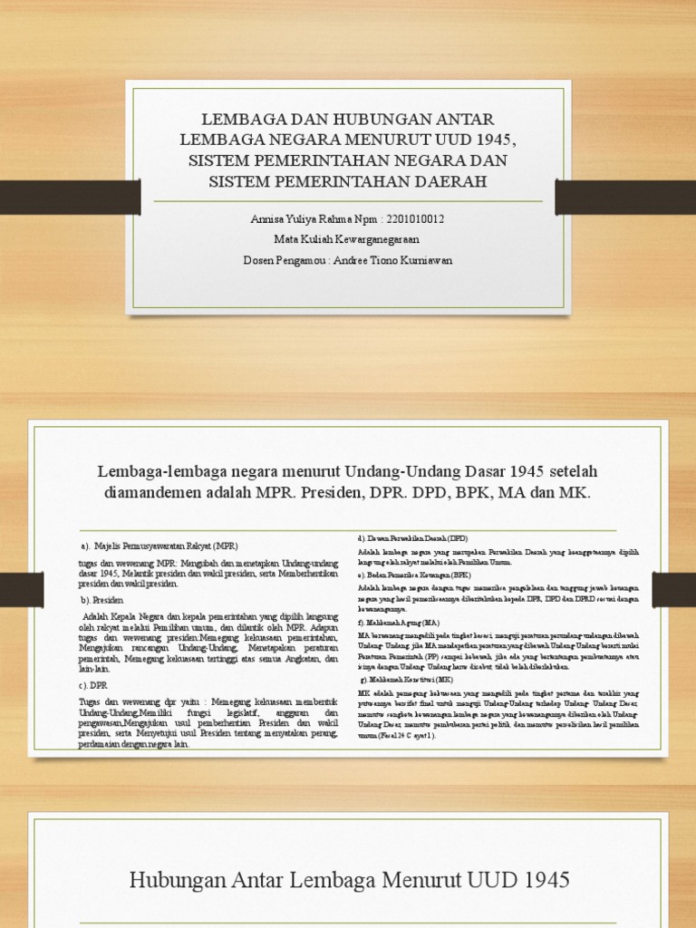 Lembaga Dan Hubungan Antar Lembaga Menurut Uud 1945 | PDF