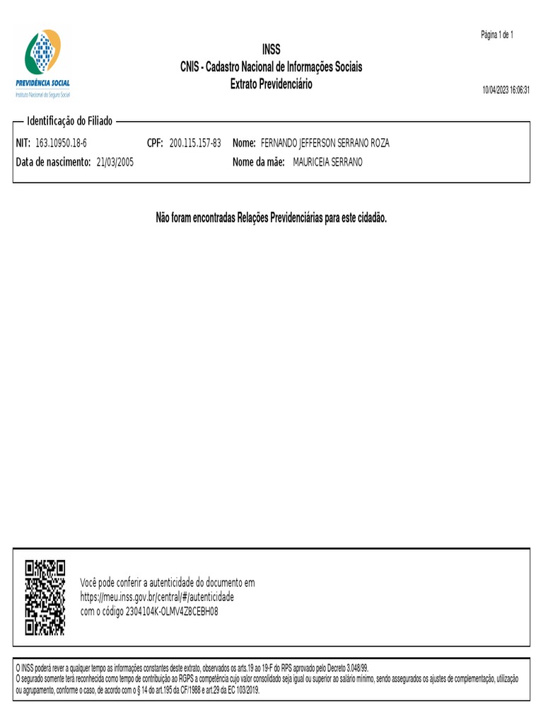 extrato do inss - CNIS | PDF