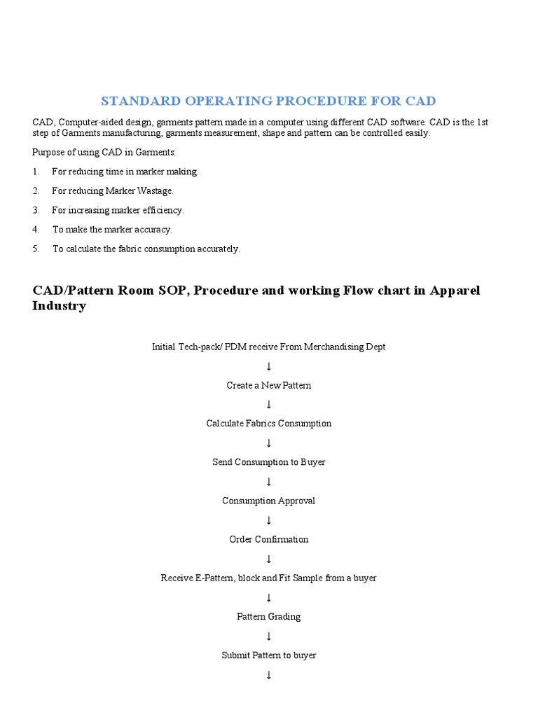 Standard Operating Procedure For Cad: CAD/Pattern Room SOP, Procedure ...