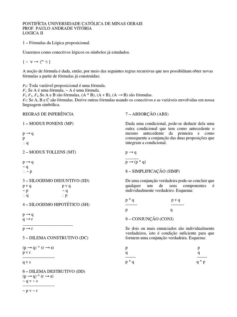 Regras e Fórmulas da Lógica Proposicional | PDF | Lógica matemática ...