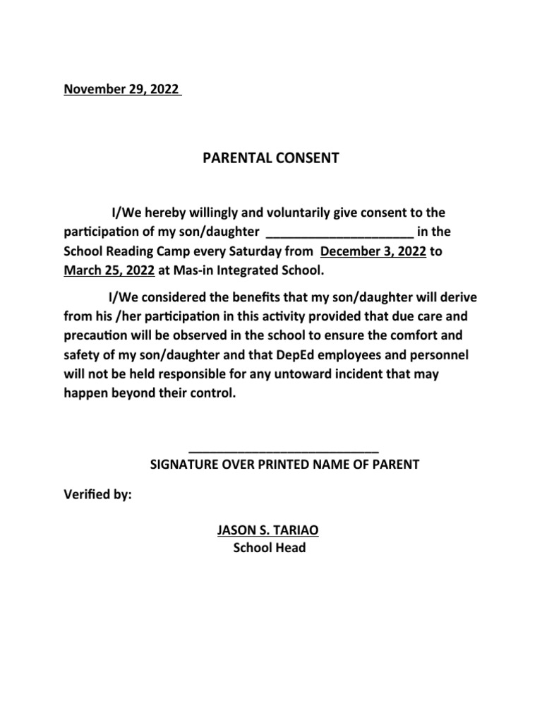 Parental Consent for School Reading Camp | PDF | Wellness
