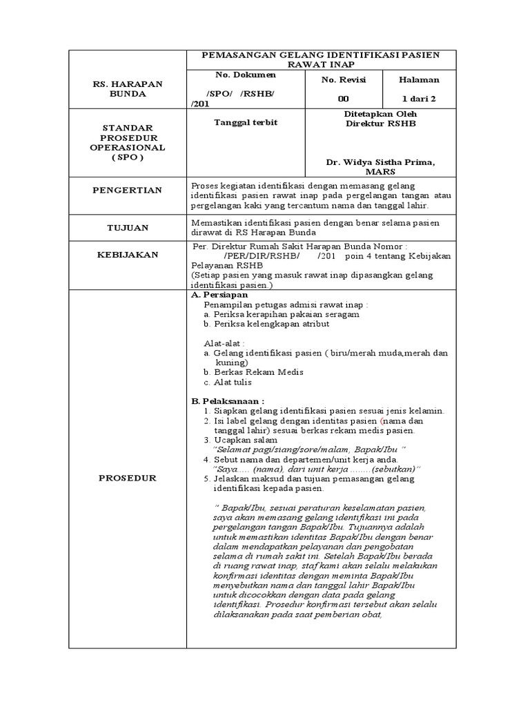 Spo Pemasangan Gelang Identitas-Pasien | PDF
