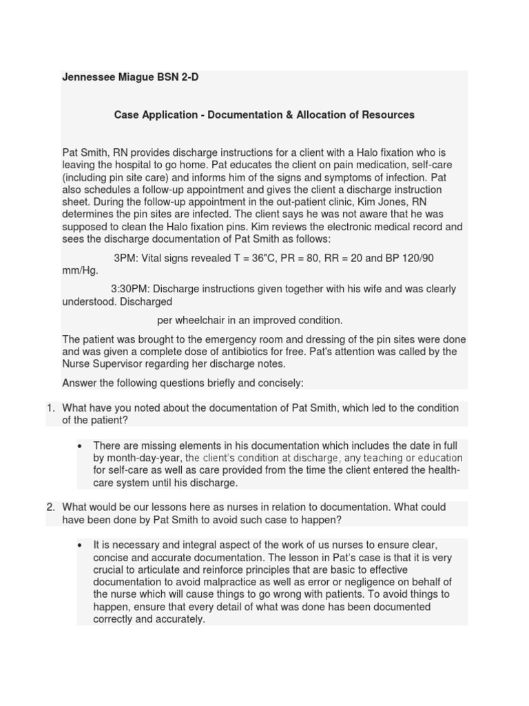 Case Application - Documentation & Allocation of Resources | PDF ...