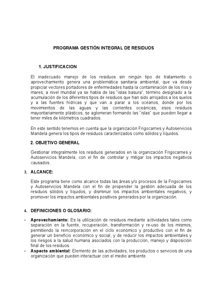 Programa de Gestión Integral de Residuos Sólidos y Líquidos | PDF | Residuos | Reciclaje