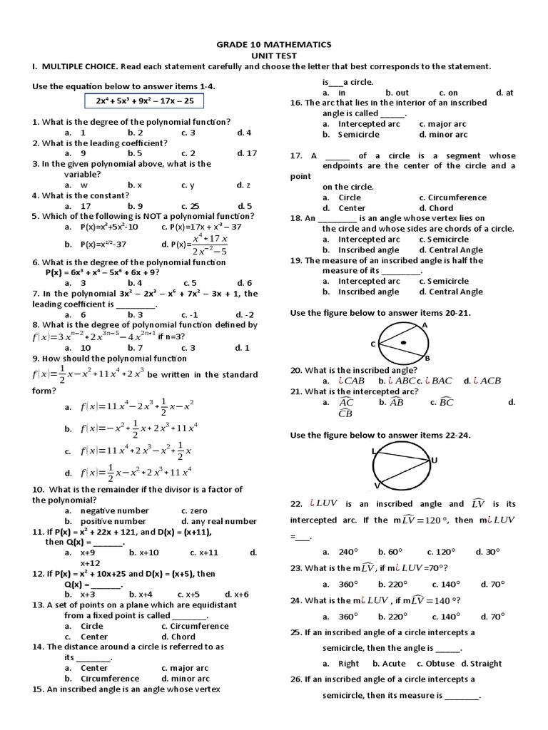 Grade 10 Mathematics Unit Test Review | PDF | Circle | Angle Grade 10 Mathematics Unit Test Review | PDF | Circle | Angle