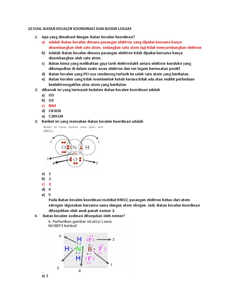10 Soal Ikatan Kovalen Koordinasi Dan Ikatan Logam | PDF