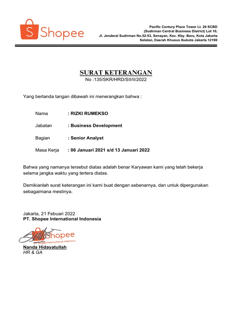 Paklaring PT Shopee Indonesia | PDF